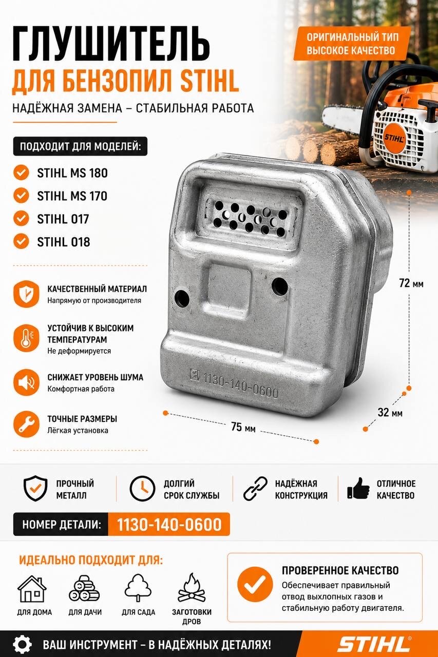 Глушитель бензопилы stihl MS 180, MS 170, 017, 018. Оригинал