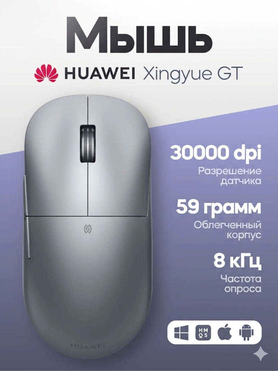 Игровая мышь Huawei Xingyue GT, беспроводная, гироскоп, 30000 dpi, серая