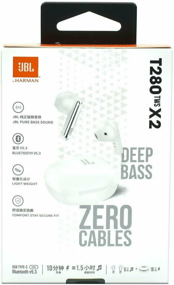 Беспроводные наушники JBL T280 TWS X2 Белый, ANC, Bluetooth 5.3, USB-Type-C, влагозащита IPX4