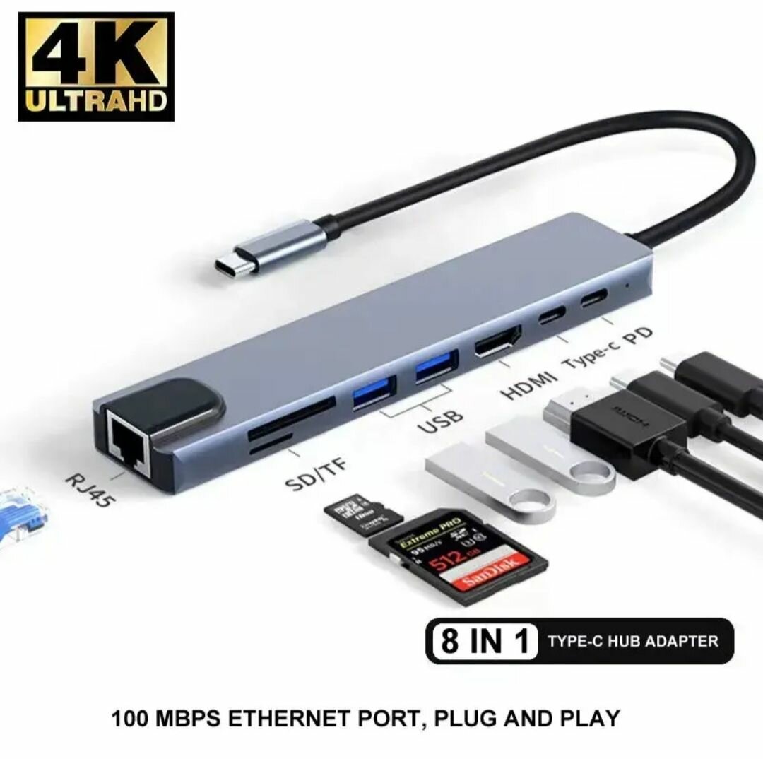 Хаб Type-C для MacBook - Концентратор 8-Port Type-C HUB Adapter Type-C to HDMI4K 30Hz*1+USB3.0+PD*1+RJ45*1+SD/TF*1