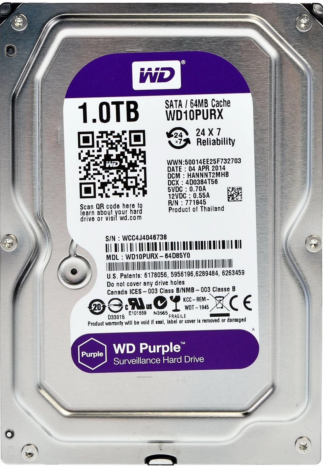 1Tb Жесткий диск WD Purple WD10PURX, HDD, SATA III, 3.5,