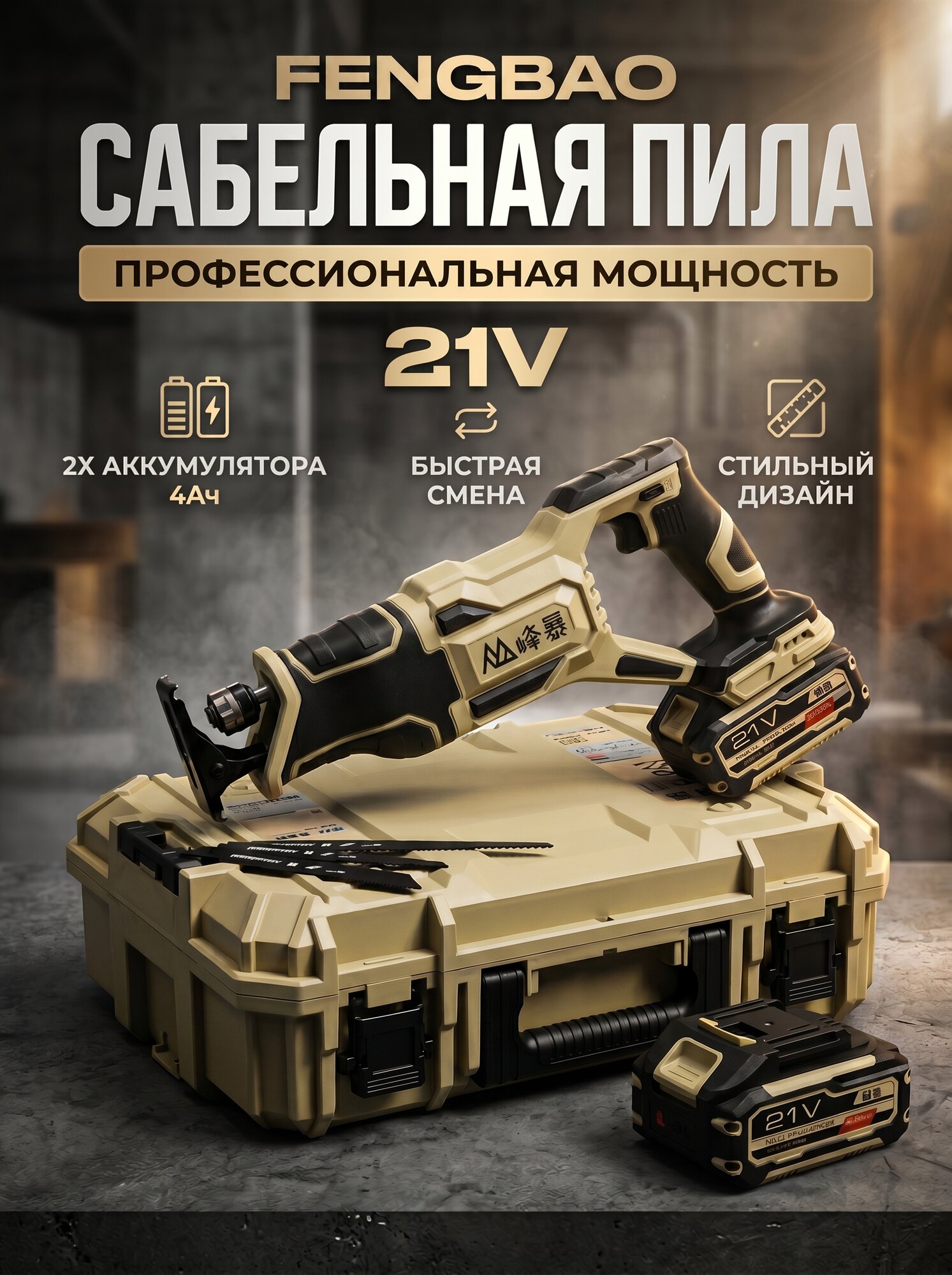 Аккумуляторная бесщеточная сабельная пила FengBao FB-02-28, 21В, 2x4Ач, кейс, ЗУ, 3300об/мин, 3 пилки