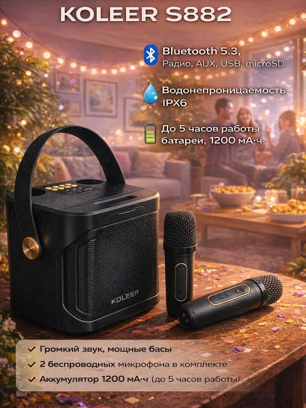 Беспроводная колонка Koleer S882 (10W/TF/USB) Караоке система с двумя микрофонами (черный)