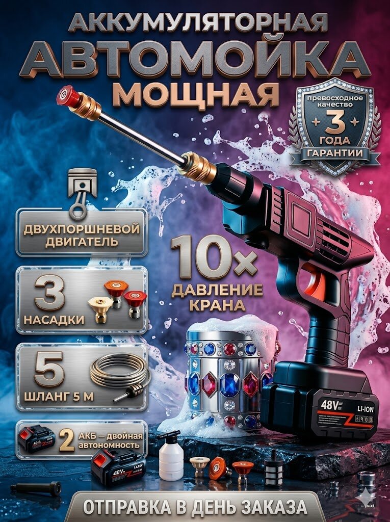 Мойка высокого давления аккумуляторная для автомобиля, Автомойка, в кейсе 2 аккумулятора, 3 насадки