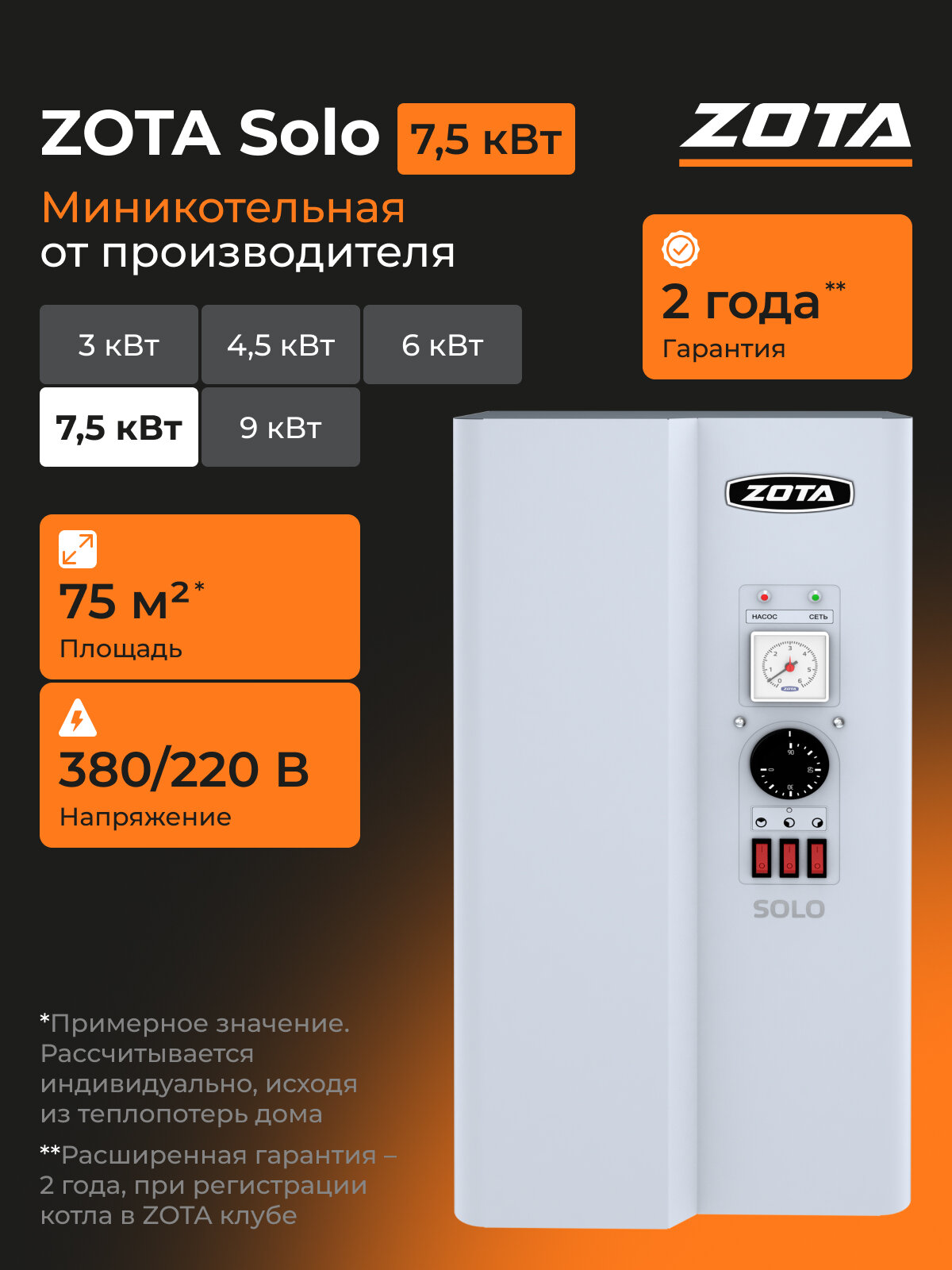 Котел электрический ZOTA Solo 7.5 кВт (75 м2) / Одноконтурный настенный электрокотёл для отопления SL3468420007