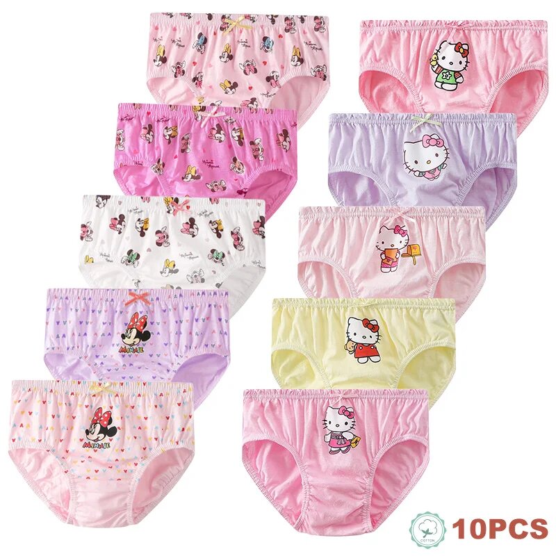 MINISO 10 штук в упаковке трусиков из чистого хлопка для девочек, с милым рисунком Hello Kitty и Minnie Mouse, дышащие и мягкие, Детский размер: 85 (12-14 лет)