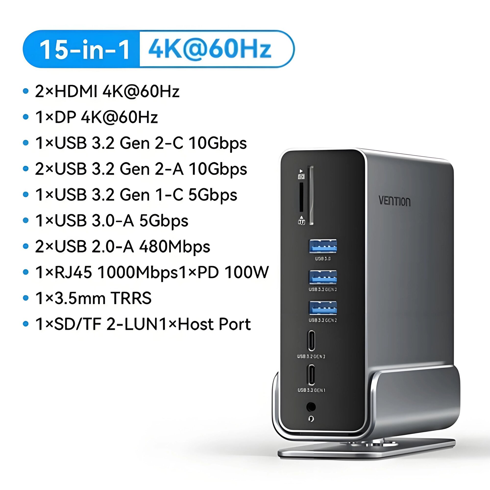 Док-станция Vention 15-в-1 USB C, 4K@60Hz, With base