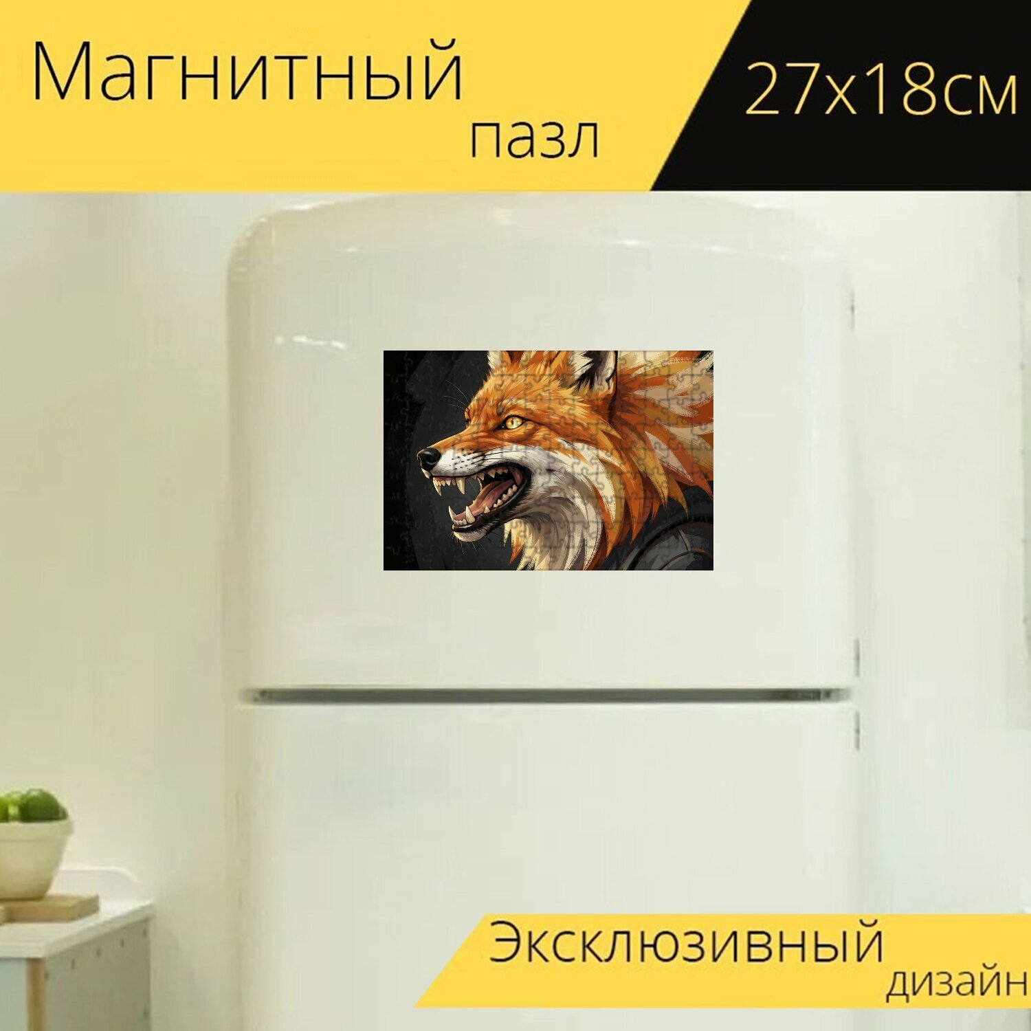 Магнитный пазл "Лиса с оскалом. Яркий хищный зверь с открытой пастью, острыми клыками и пылающей шерстью в оранжево-белых тонах, динамичная цифровая." на холодильник 27 x 18 см.
