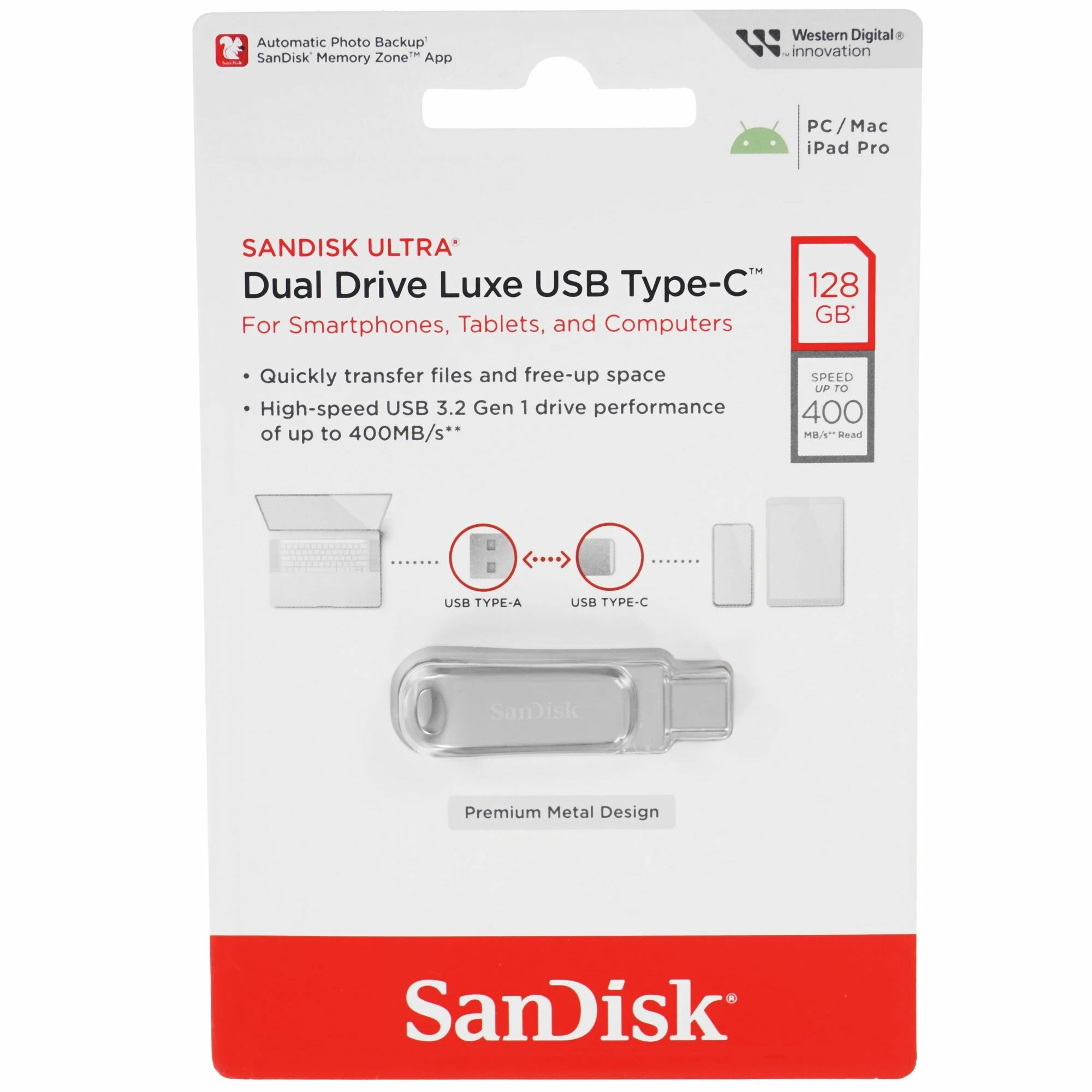 Память USB Flash 128 ГБ SANDISK Ultra Dual Drive Luxe (SDDDC4-128G-G46) - USB3.2, чтение до - 150 МБ/с