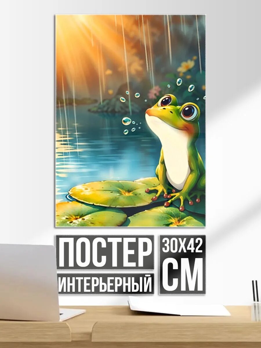 Постер на стену Забавная жаба под дождём