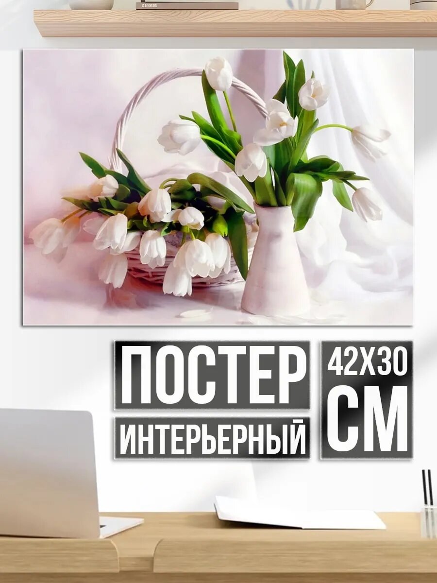 Плакат постер Белые тюльпаны в корзине