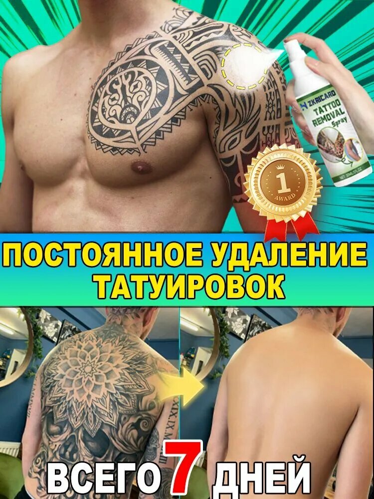 Спрей-удалитель татуировок без лазера: быстро, эффективно и навсегда! Удаляет тату без боли, шрамов и побочных эффектов. Безопасное и безболезненное средство для домашнего применения.1 бутылка