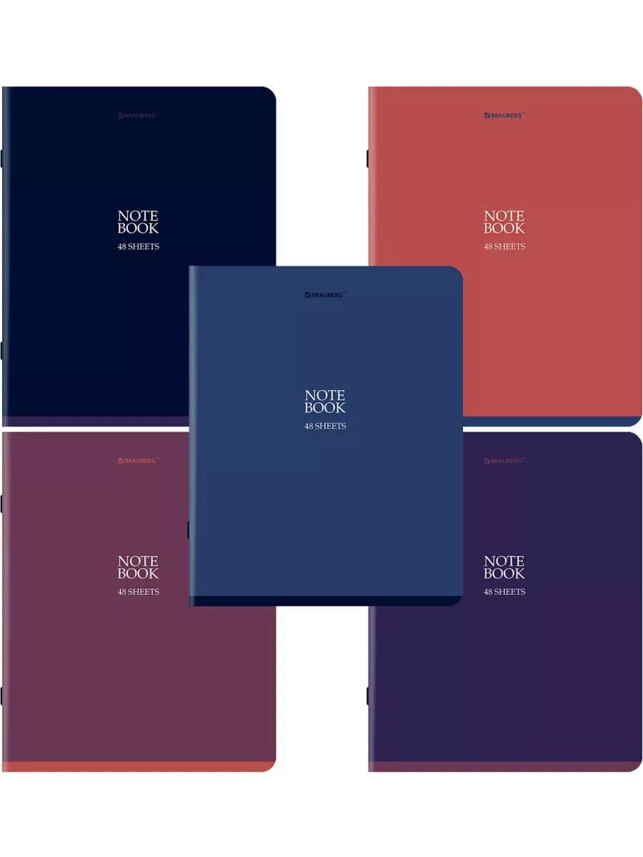 BRAUBERG Тетрадь А5, набор 5шт, 48 л скоба, клетка, SoftTouch, "NoteColor",