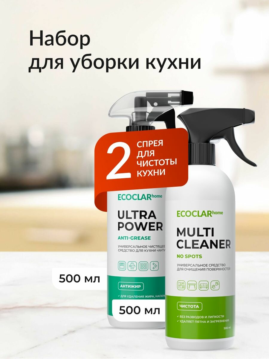 ECOCLARhome Набор для уборки кухни: спрей "Антижир" + универсальный спрей 20 в 1