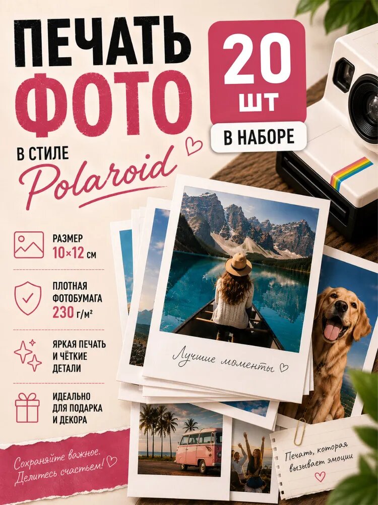 Печать фотографий в стиле Полароид 10шт.