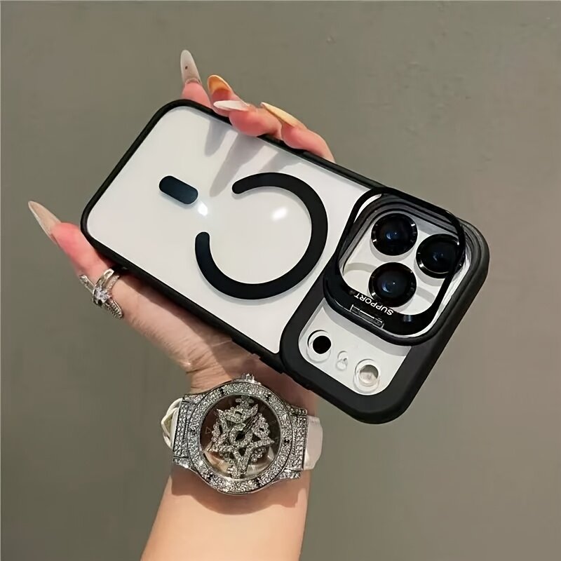 Чехол для смартфона из TPU с магнитной металлической рамкой, защитной плёнкой для объектива и подставкой, 3-в-1, противоударный, чёрный
