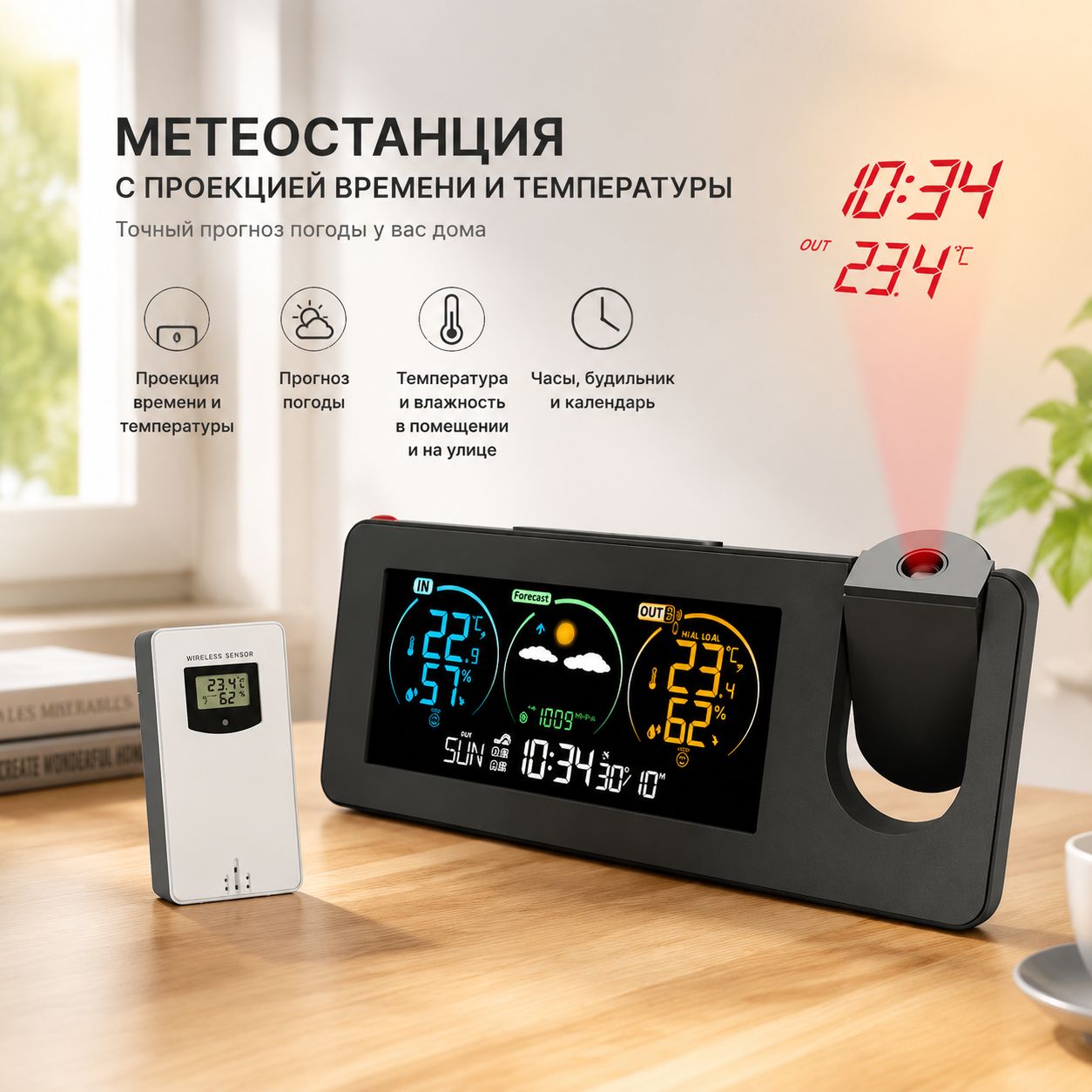 Погодная станция, электронные проекционные часы, вечный календарь, прогноз погоды, температура и влажность, цифровой будильник с цветным экраном