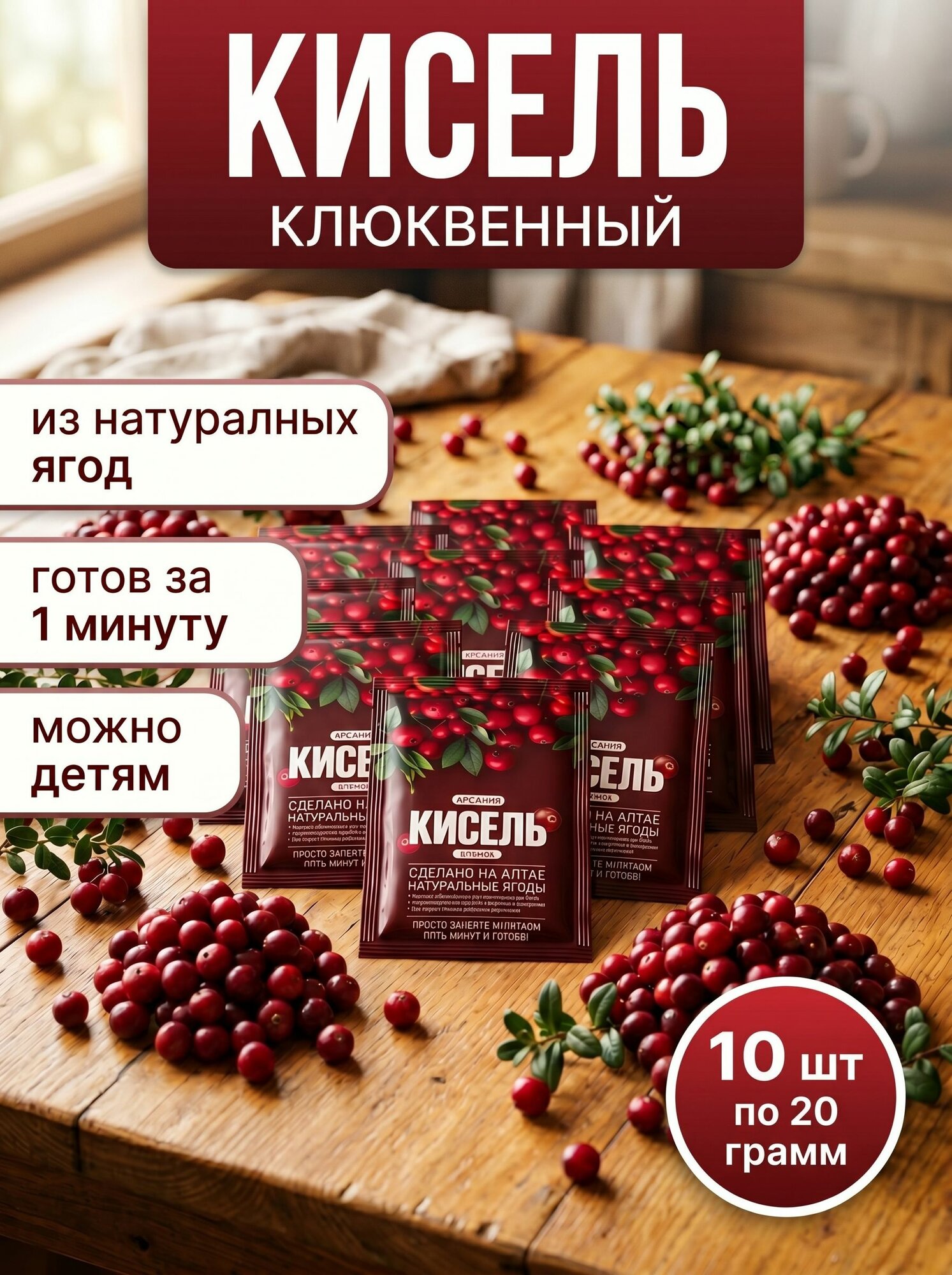 Кисель клюквенный 10 саше по 20 грамм быстрорастворимый