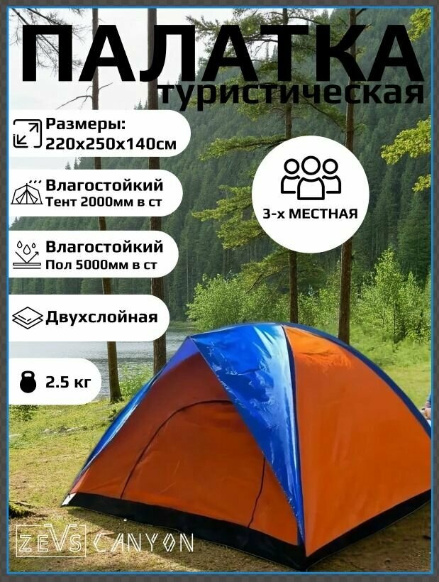 Палатка трехместная двухслойная 220x250x140 см, Zevs Canyon premium