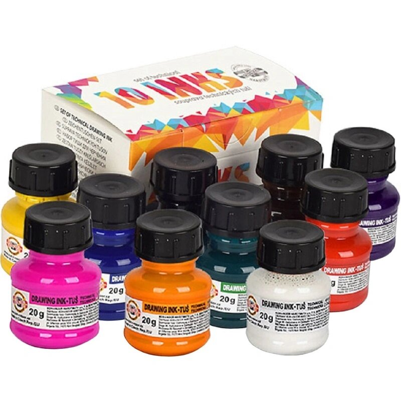 Тушь акриловая плакатная KOH-I-NOOR флакон 20г х 10цв/наб, карт 01417S1001KK