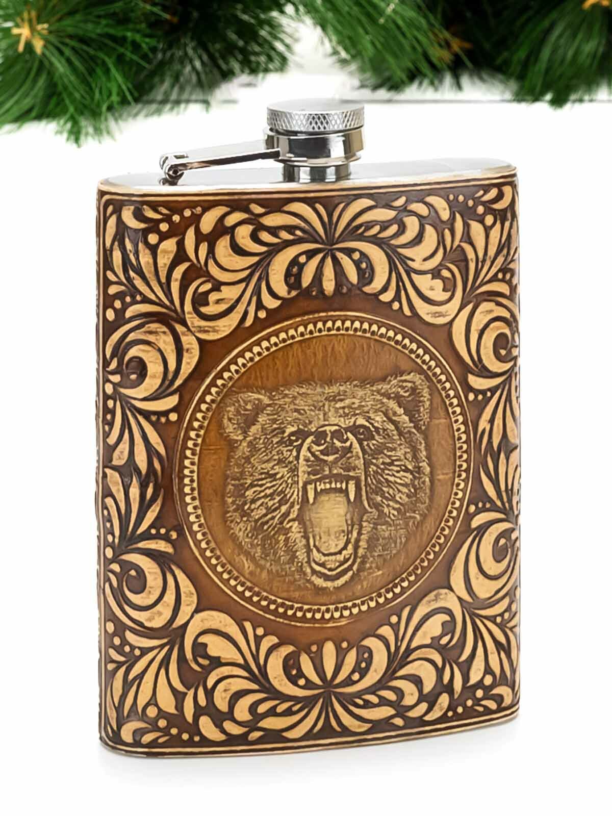 Фляжка - Мишка, Нержавейка, Береста, 240 мл / 80Z