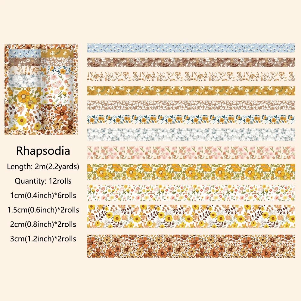 Набор из 12 рулонов винтажной цветочной клейкой ленты Rhapsodia