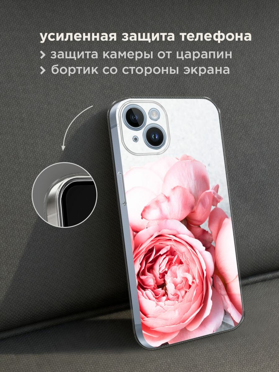 Чехол на Apple iPhone 14 / Айфон 14 с принтом "Пионы на белом" — фото 1