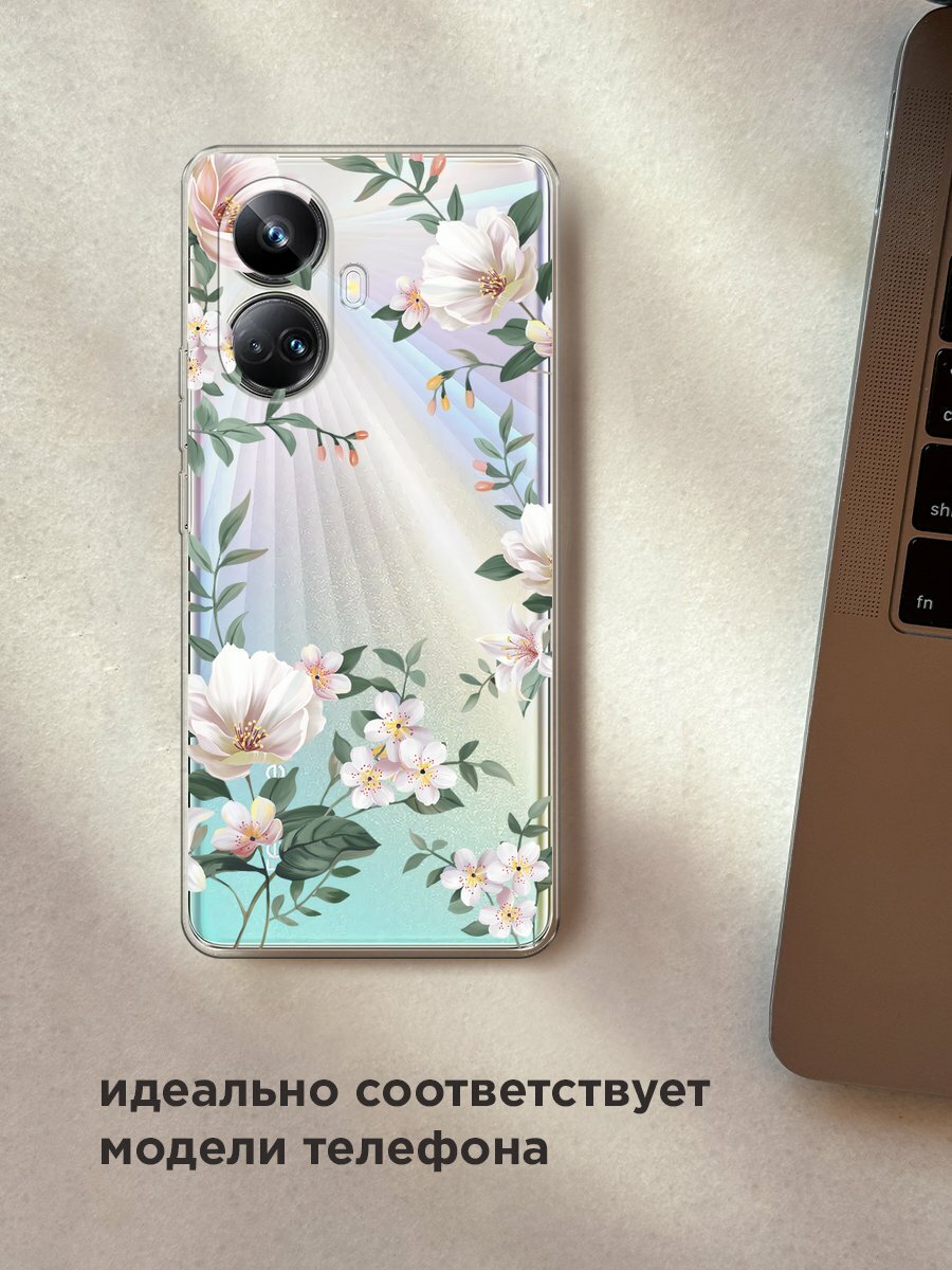 Чехол на Realme 10 Pro+ / Реалми 10 Про+ с принтом "Beautiful white flowers", прозрачный — фото 1