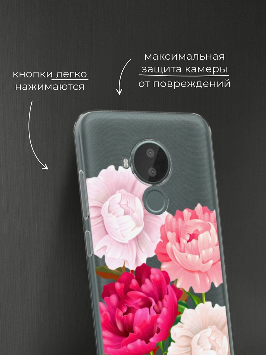 Чехол на Nokia C30 / Нокия C30 с принтом "Большие пионы", прозрачный — фото 1