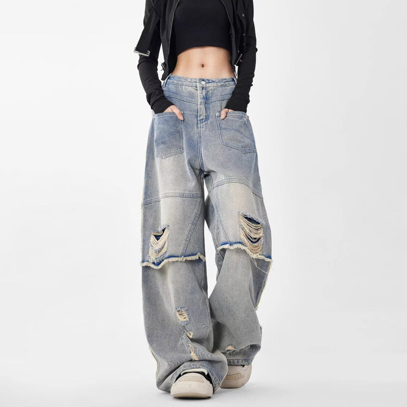 Охоты Брюки JYL Дамские джинсы: Американские, двухслойные, рваные, широкие, прямой Чистый цвет талии_XL