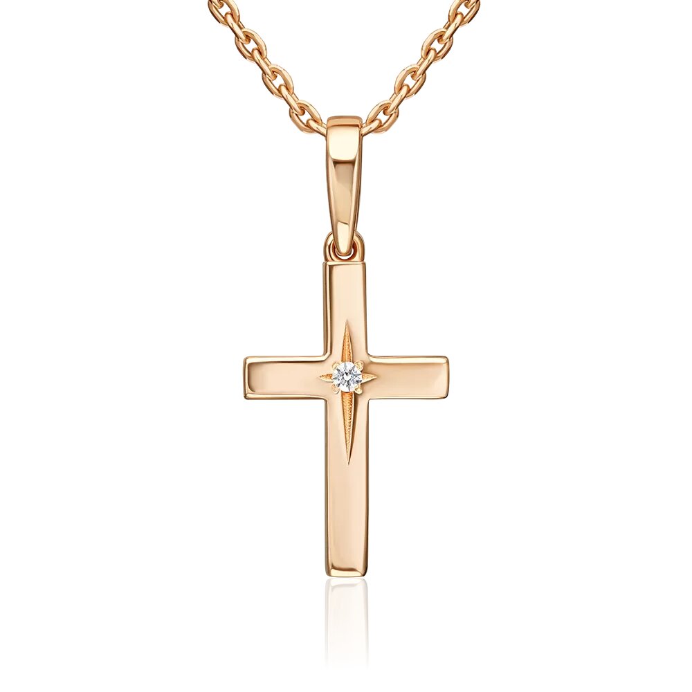 Крестик, красное золото, 585 проба, родирование, бриллиант