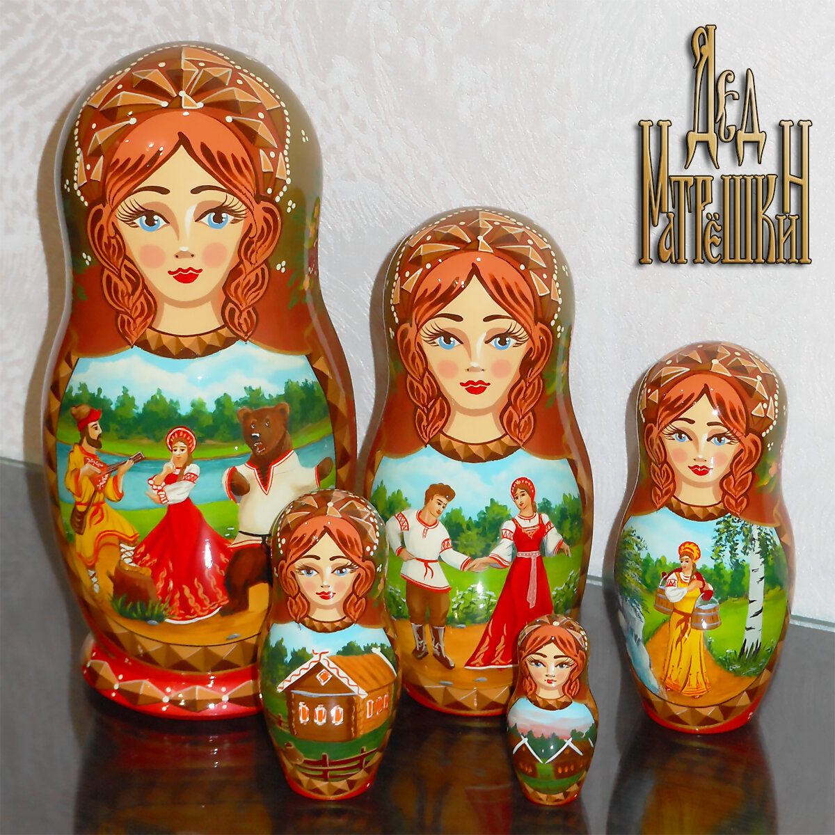 Матрешка деревянная 5-местная 21 см "Деревенская жизнь", модель №3, красная с имитацией резьбы по дереву.