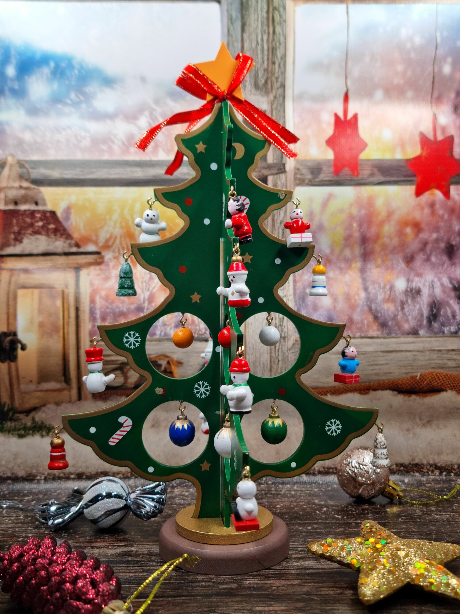 Ёлка искусственная настольная деревянная с игрушками