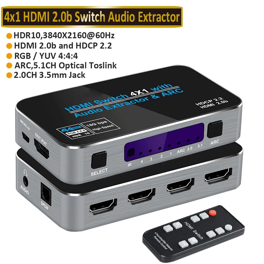 Navceker HDMI 2.0b Переключатель 4x1 с Audio Extractor ZY-HS14