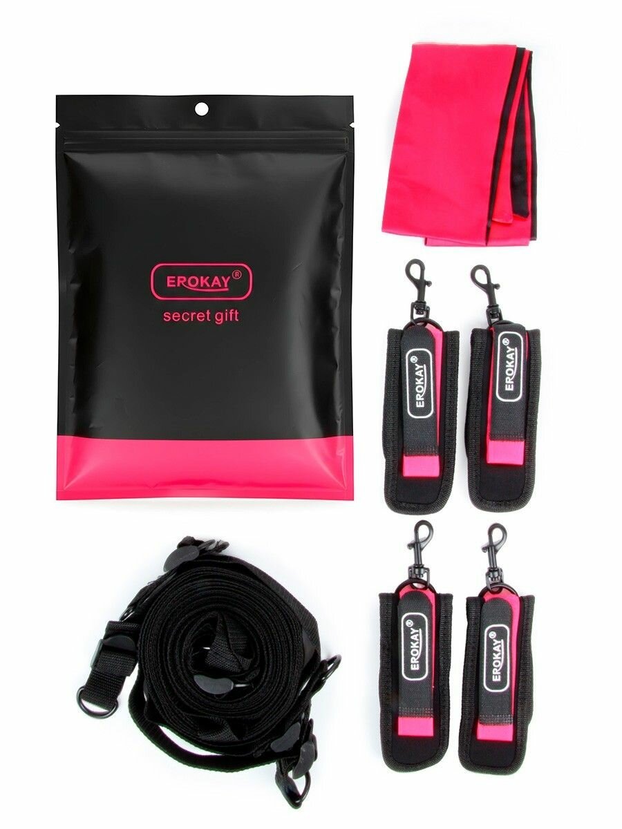 Erokay Черно-розовый эротический набор: фиксатор, оковы, наручники, повязка Эротические наборы