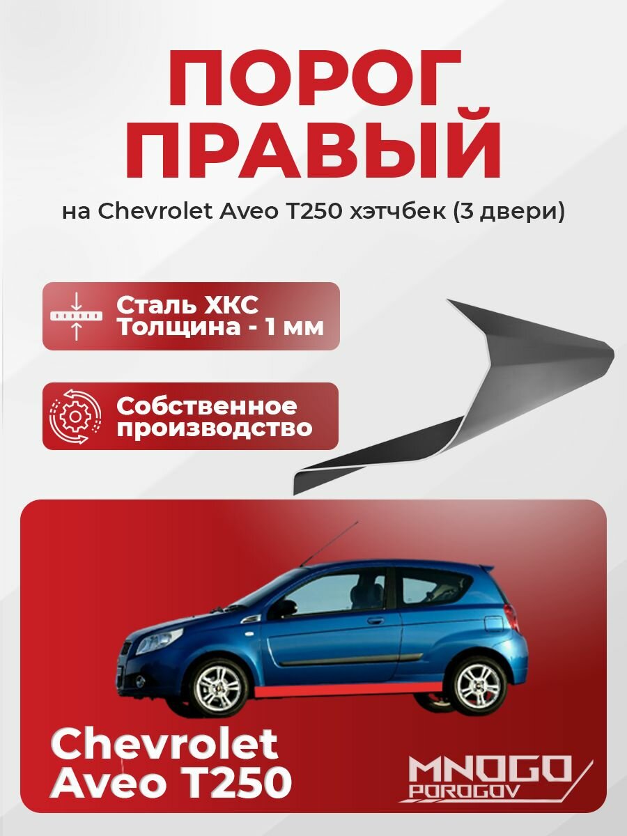 Правый порог на Chevrolet Aveo T250 2006-2012 хетчбэк 3 двери , холоднокатаная сталь, толщина 1 мм ( Шевроле Авео), правая сторона, кузовной ремонт.