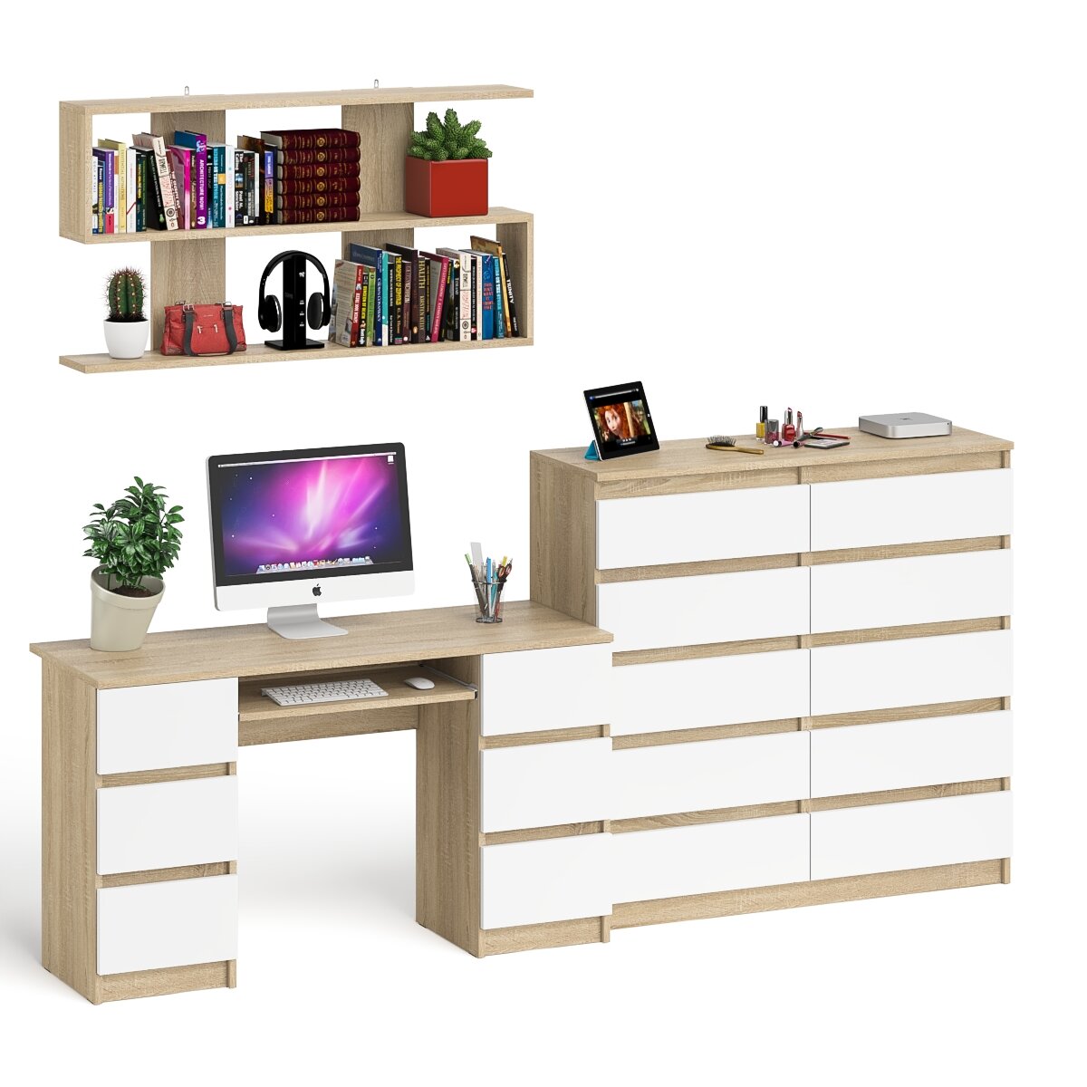 Комод Мори МК1200.10 со столом компьютерно-письменным и полкой сверху, дуб сонома/белый, 255,8х50х209,6 см.