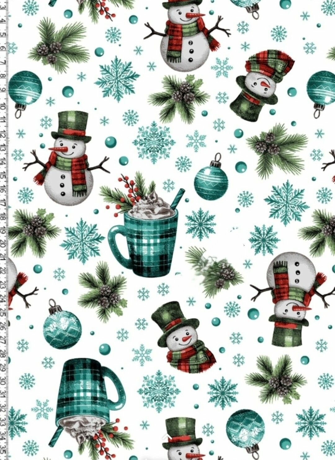 Кулирка 100% хлопок "Снеговики с зелеными ветками", ширина 180см, длина 60см