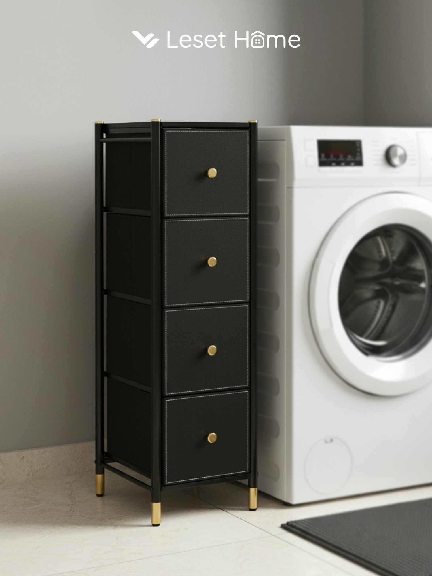 Комод Leset Нирита узкий, 4 ящика, в ванную, прихожую каркас металлический Чёрный, фасад экокожа