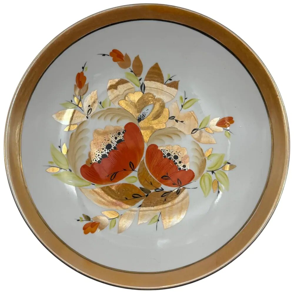 Блюдо "Осень Пионы", 27 см, 1974-1984 гг, люстр, роспись, 3 сорт, Южноуральский ФЗ (ЮФЗ), СССР