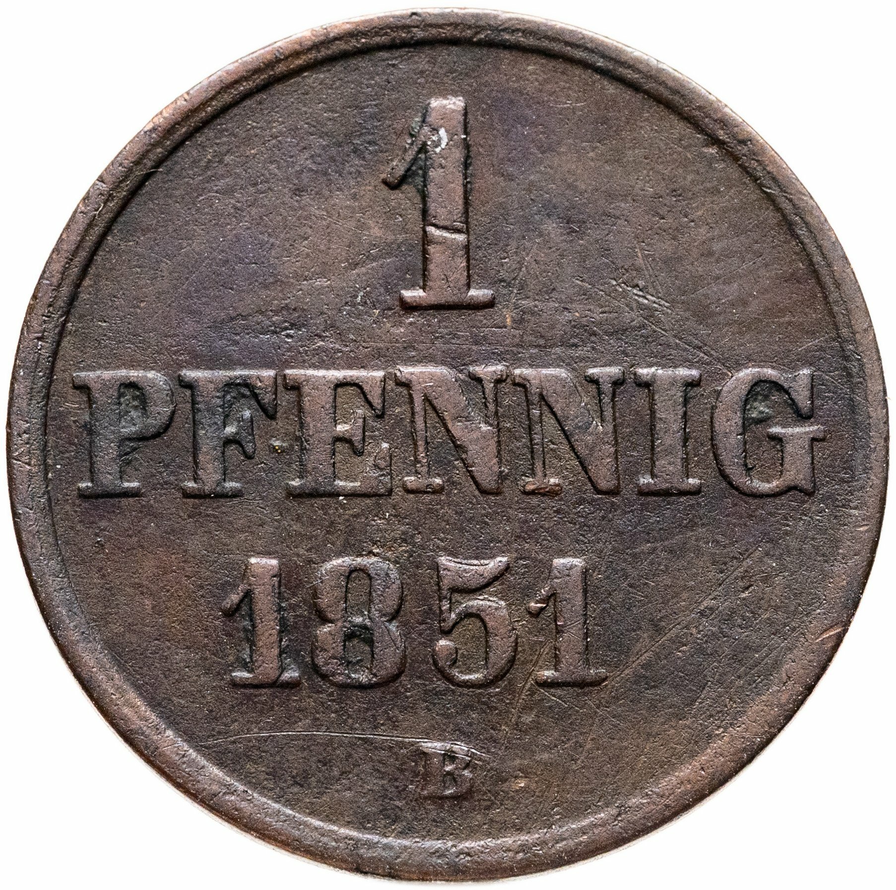 Ганновер 1 пфенниг 1851, Медь, в сохранности VF