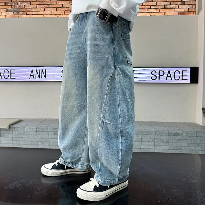 RONG CH Винтажные светло-синие джинсы для мальчиков эластичный пояс ретро-брюки 5-14 лет
