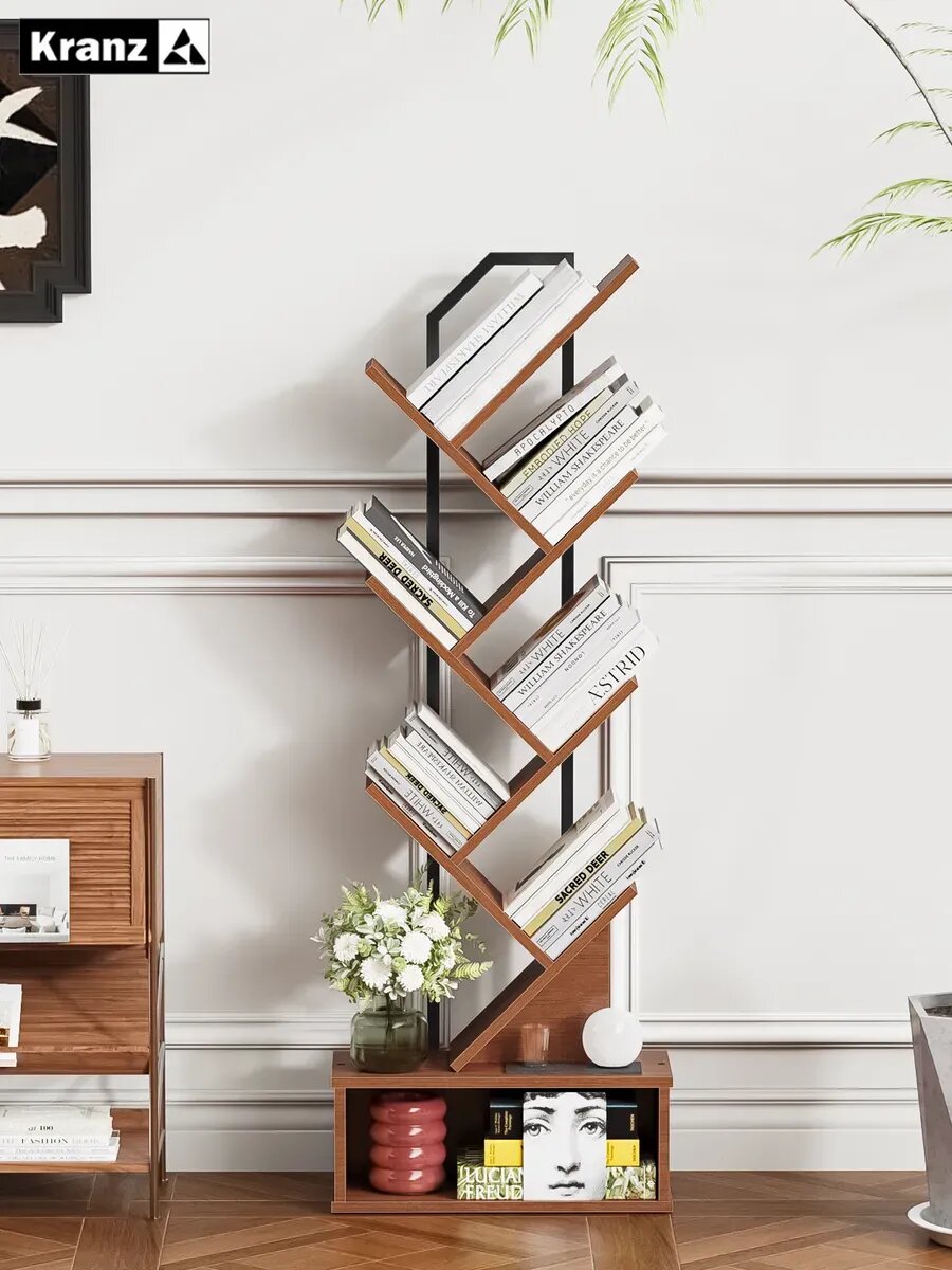 Книжная полка "Kranz", 6 уровней для книг, угловая, из металла и ДСП, коричневая