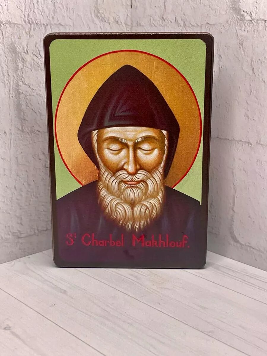 Икона Святого Целителя Шарбеля из твёрдых пород дерева с минеральными красками, ручная работа