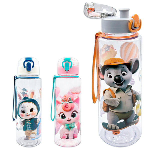 Бутылка для воды " KWELT " 700мл, Cute little animals, пластик, цвет ассорти, крышка-защелка, петелька для переноски