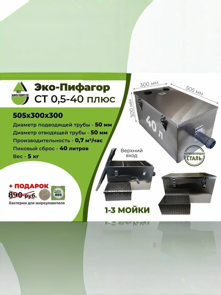 Жироуловитель под мойку металлический. Пифагор СТ. 0,5-40 505х310х300мм ( верхний вход)