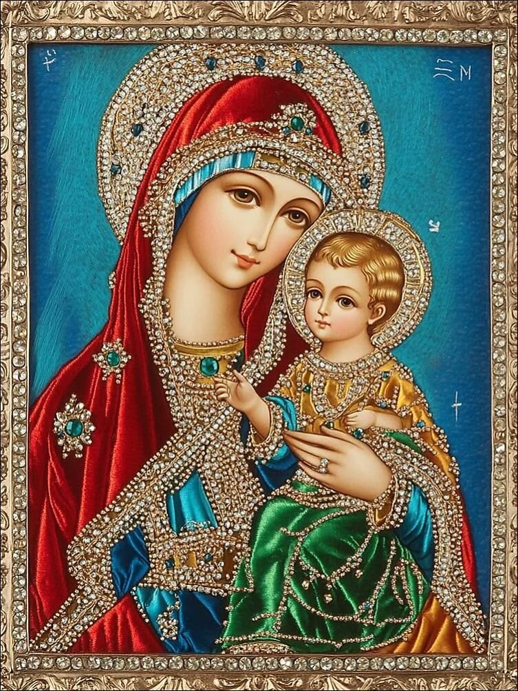Алмазная картина "Богородица с Младенцем", 30x40 см. Православная икона, золотые узоры.