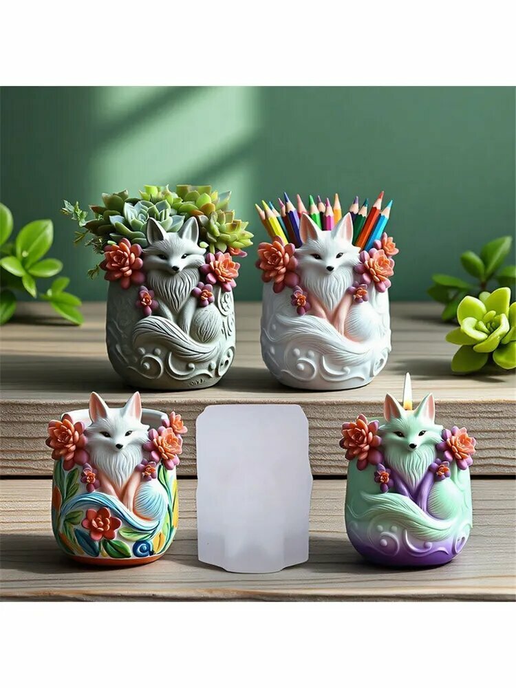 Силиконовая форма "Лиса с цветами" 3D: для эпоксидной смолы, свечей, гипса и цемента, пищевой силикон, лимитированная серия