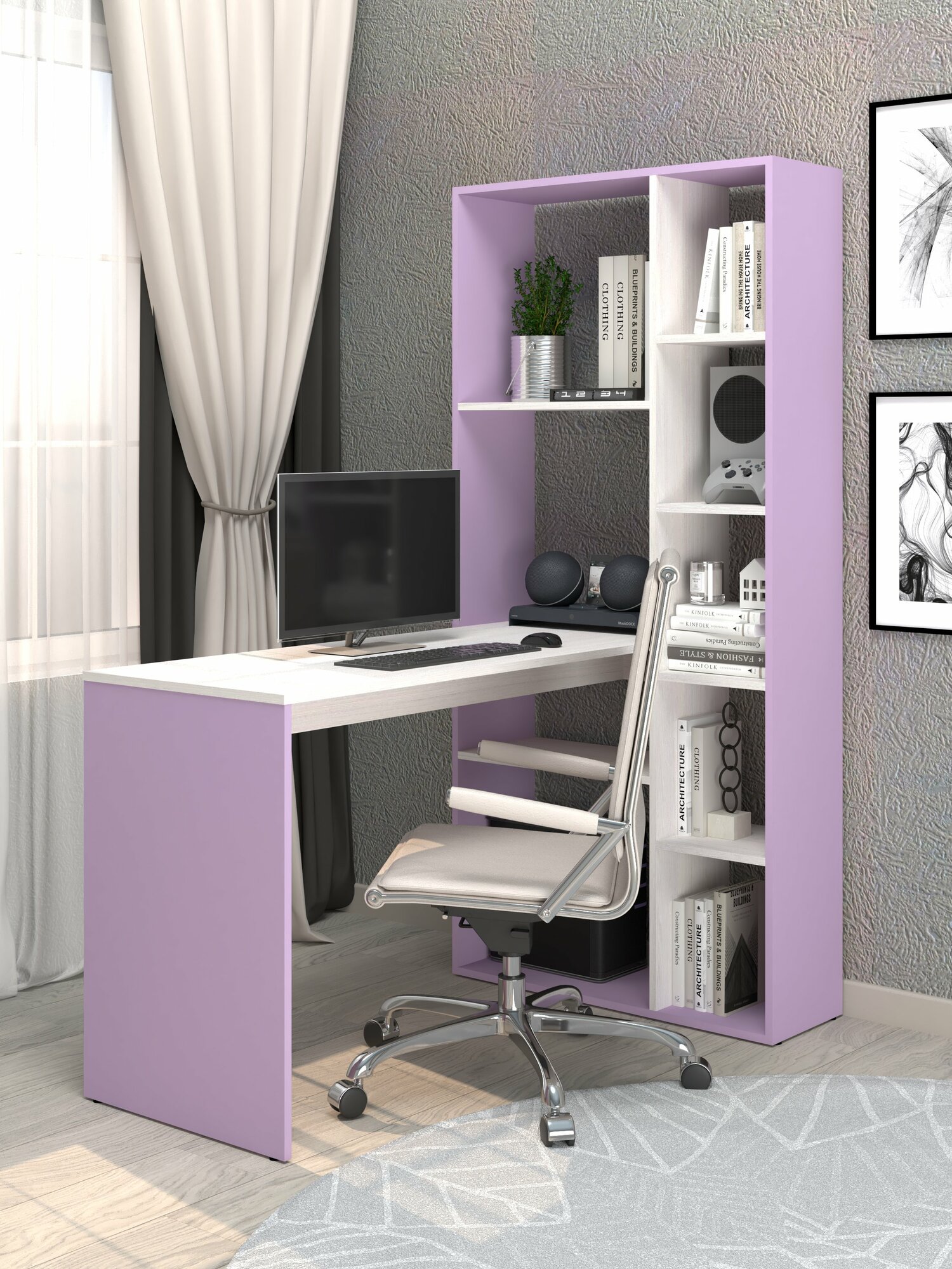 Есэндвич Лаворо 13 Письменный стол со стеллажом 130х170х80 см (Анкор белый/Ирис)