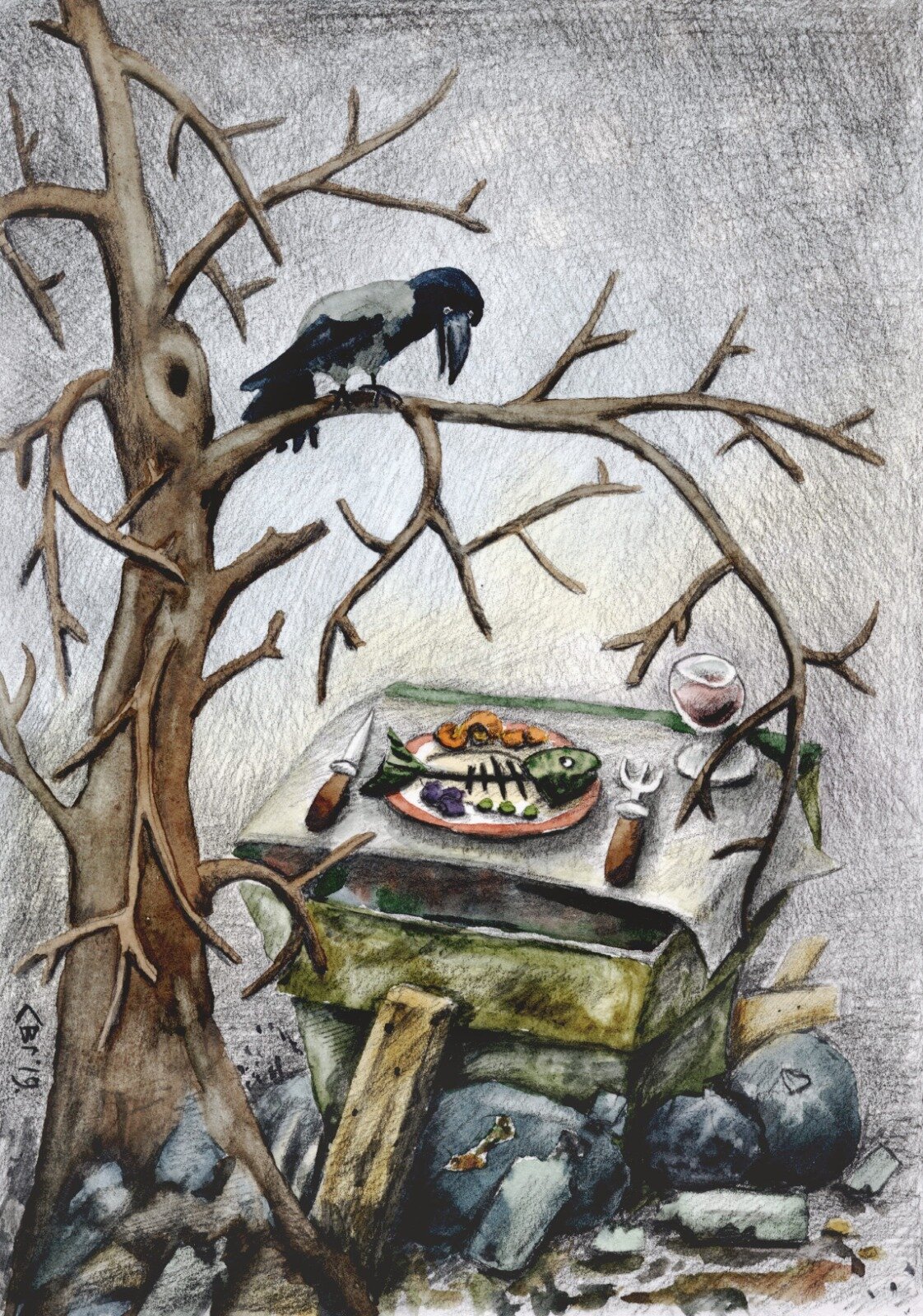 Картина от руки с юмором "Ужин вороны", акварель, карандаш, ручная работа, 21х15 см
